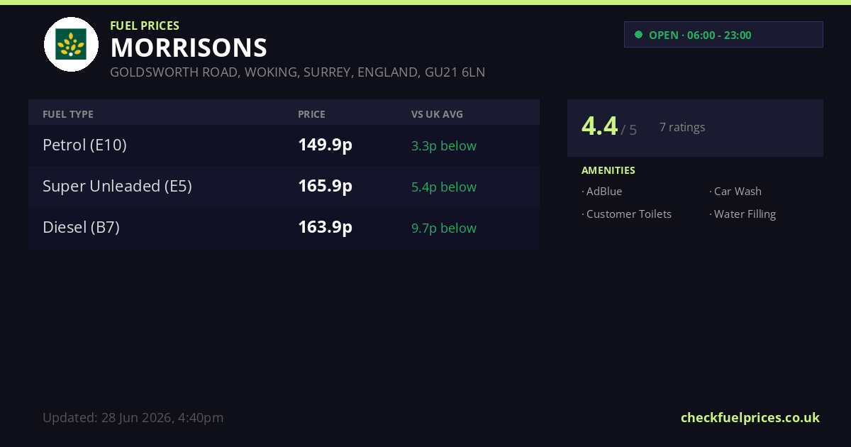 MORRISONS Woking GOLDSWORTH ROAD, WOKING, SURREY, ENGLAND Fuel Prices ...