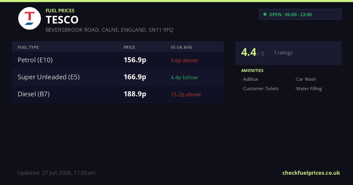 TESCO Calne BEVERSBROOK ROAD, CALNE, ENGLAND Fuel Prices in Calne (SN11 ...
