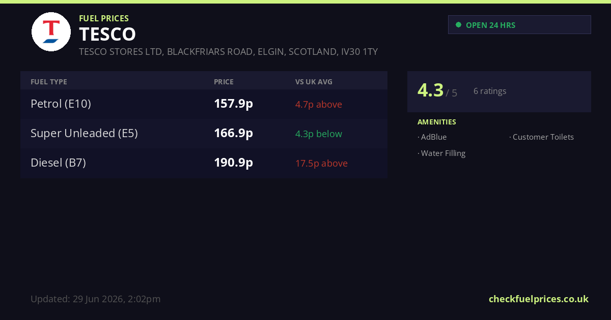 TESCO Elgin TESCO STORES LTD, BLACKFRIARS ROAD, ELGIN, SCOTLAND Fuel ...